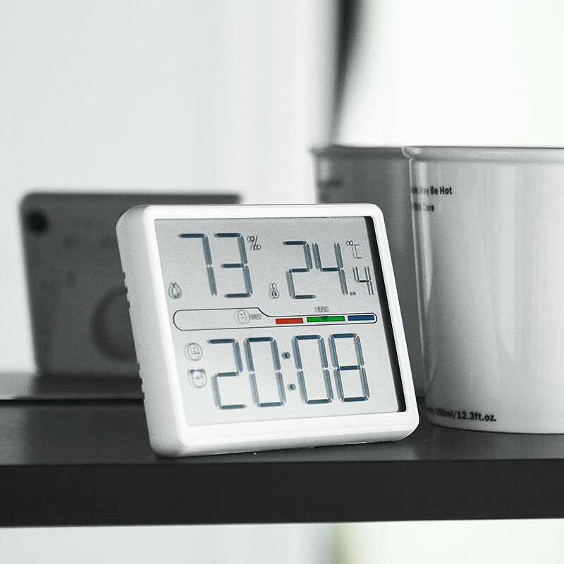Digital clock with date time and humidity sensor for indoor space white — фото 1