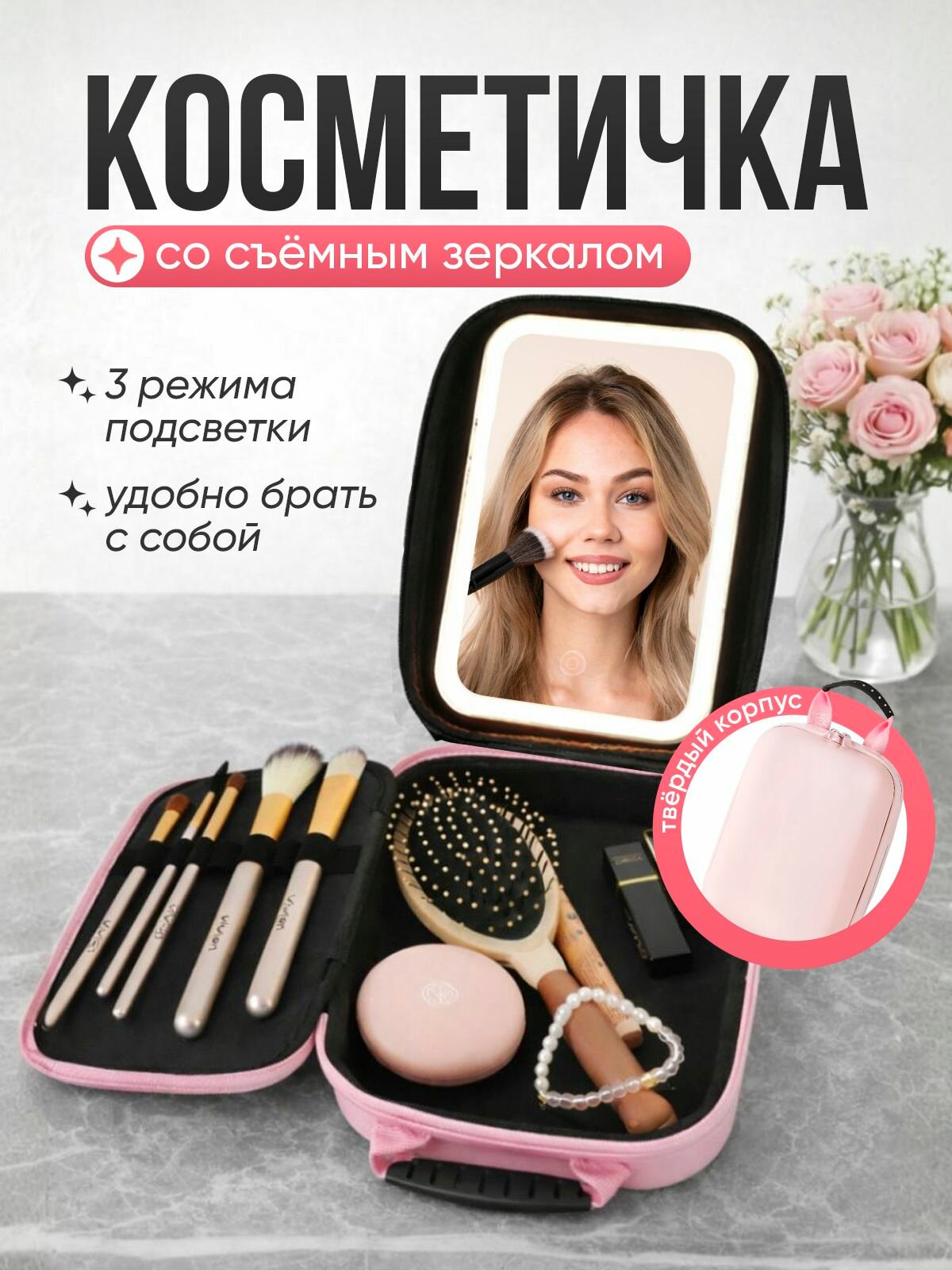 Косметичка дорожная с зеркалом и подсветкой / органайзер для путешествий
