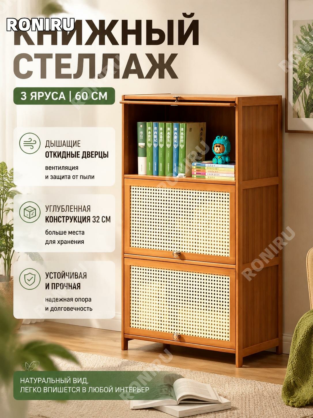 Книжный стеллаж напольный из бамбука, детский шкаф с откидными проветриваемыми дверцами,3 яруса60 см для хранения у стены