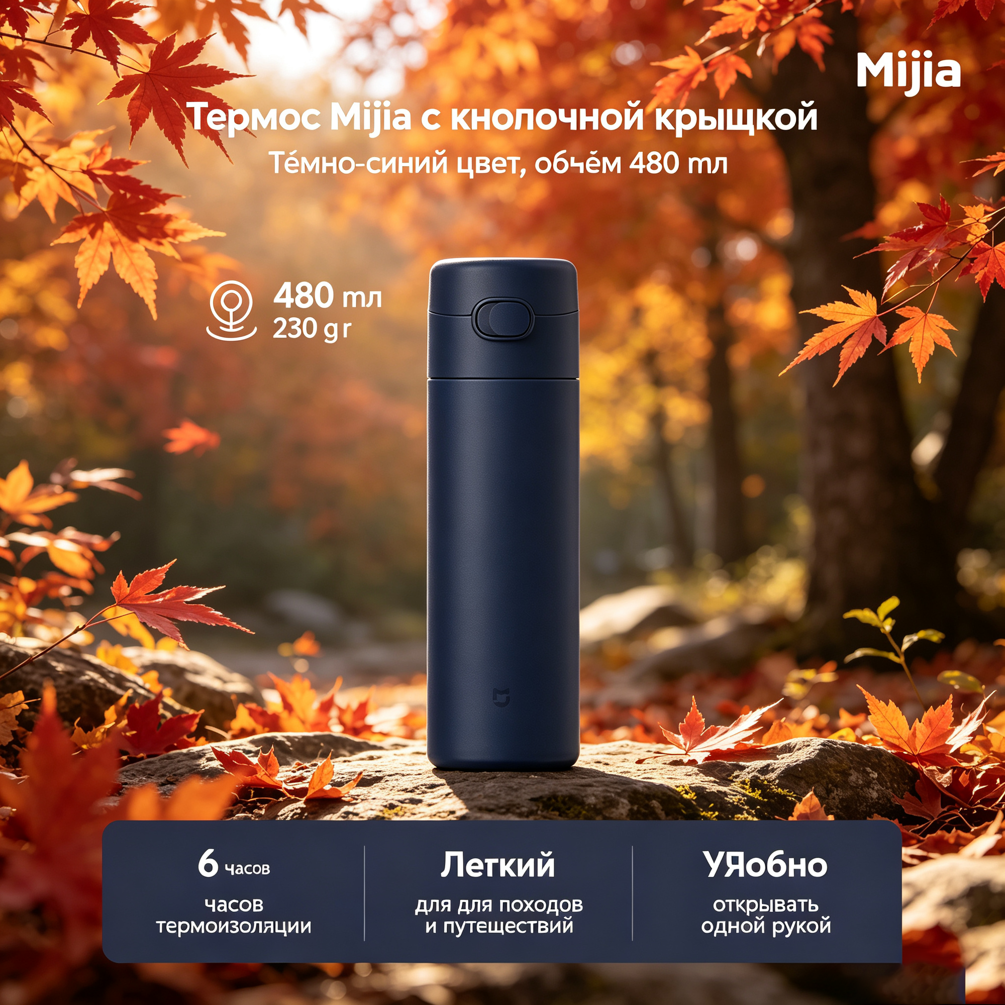Xiaomi Mijia, термос с подпружиненной кнопочной крышкой, 480мл, пищевая нержавеющая сталь 316L, темно-синяя