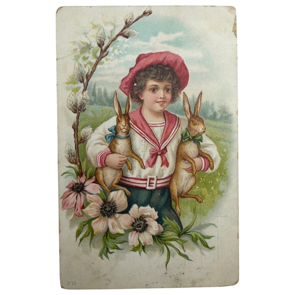 Почтовая открытка "Мальчик с пасхальными зайцами" 1900-1907 гг. Российская Империя