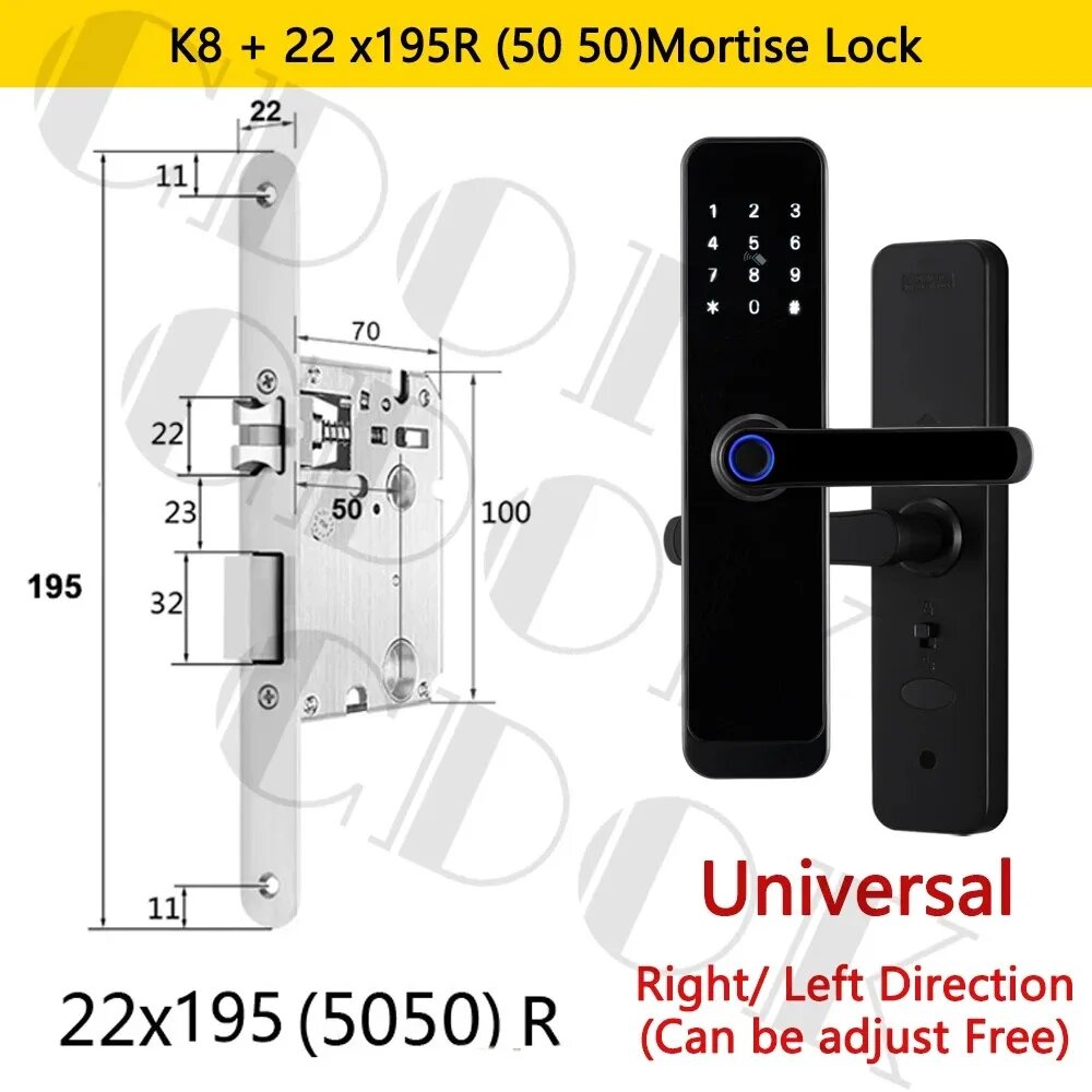 CDOK K8 TTlock Умный Замок с Bluetooth и Сканером Отпечатков Пальцев Черный, TT-K8-22x195R