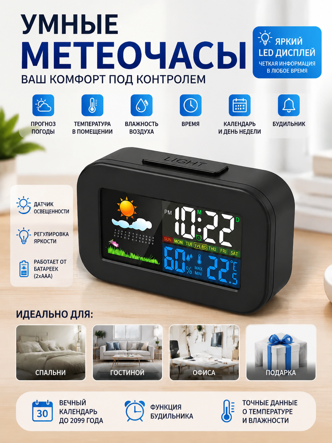 Умные цифровые часы, метеостанция, электронный термометр температуры и влажности, умные LED