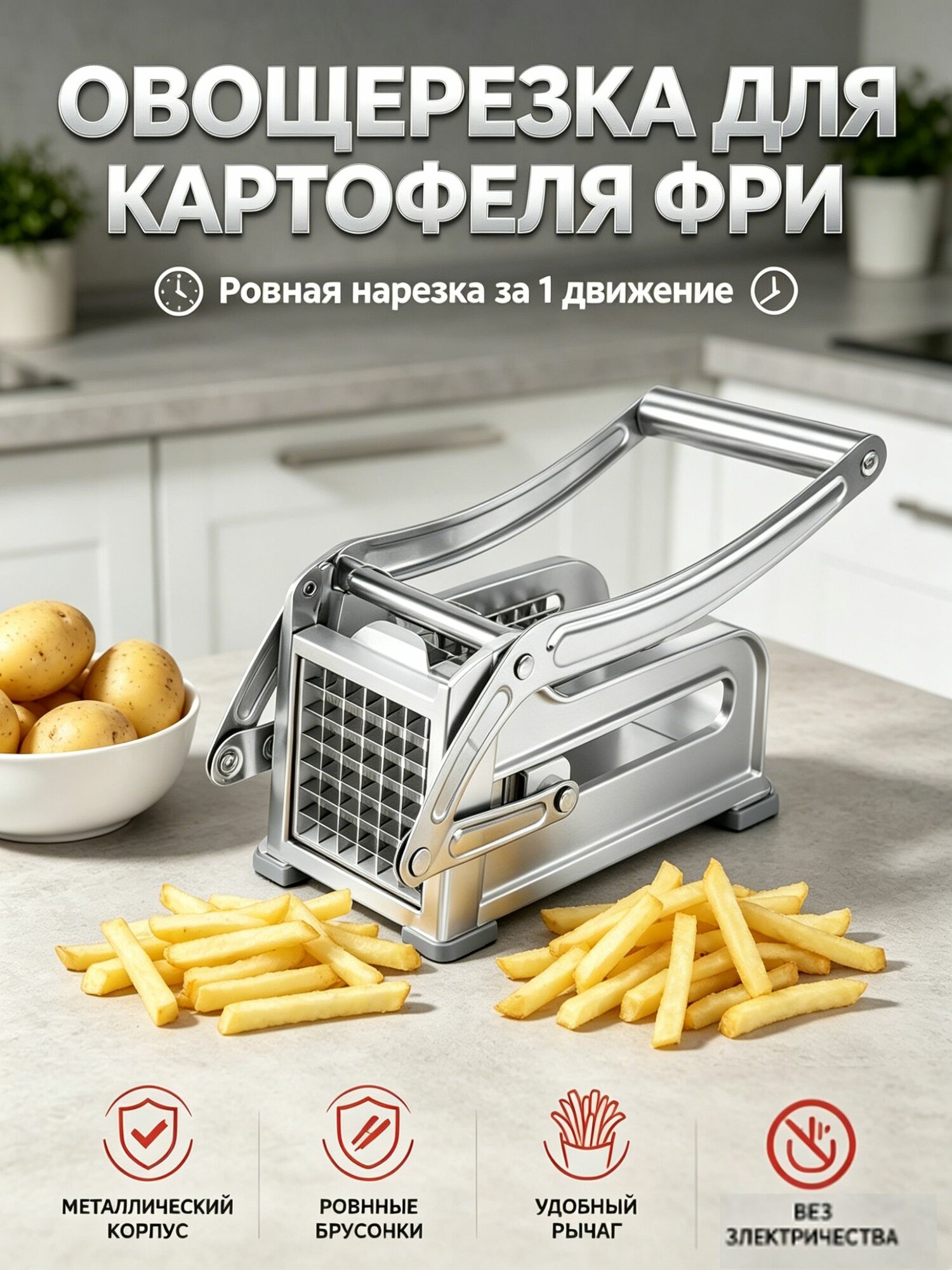 Ручная резка Potato Chipper / Картофелерезка ручная / с двумя насадками для картофеля и твердых овощей