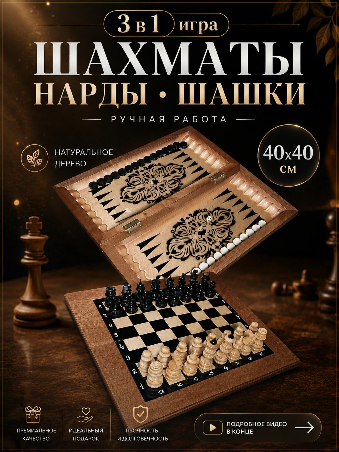 Шахматы, нарды и шашки 3 в 1 ручной работы 40х40 см из натурального дерева, складной игровой набор с резной доской