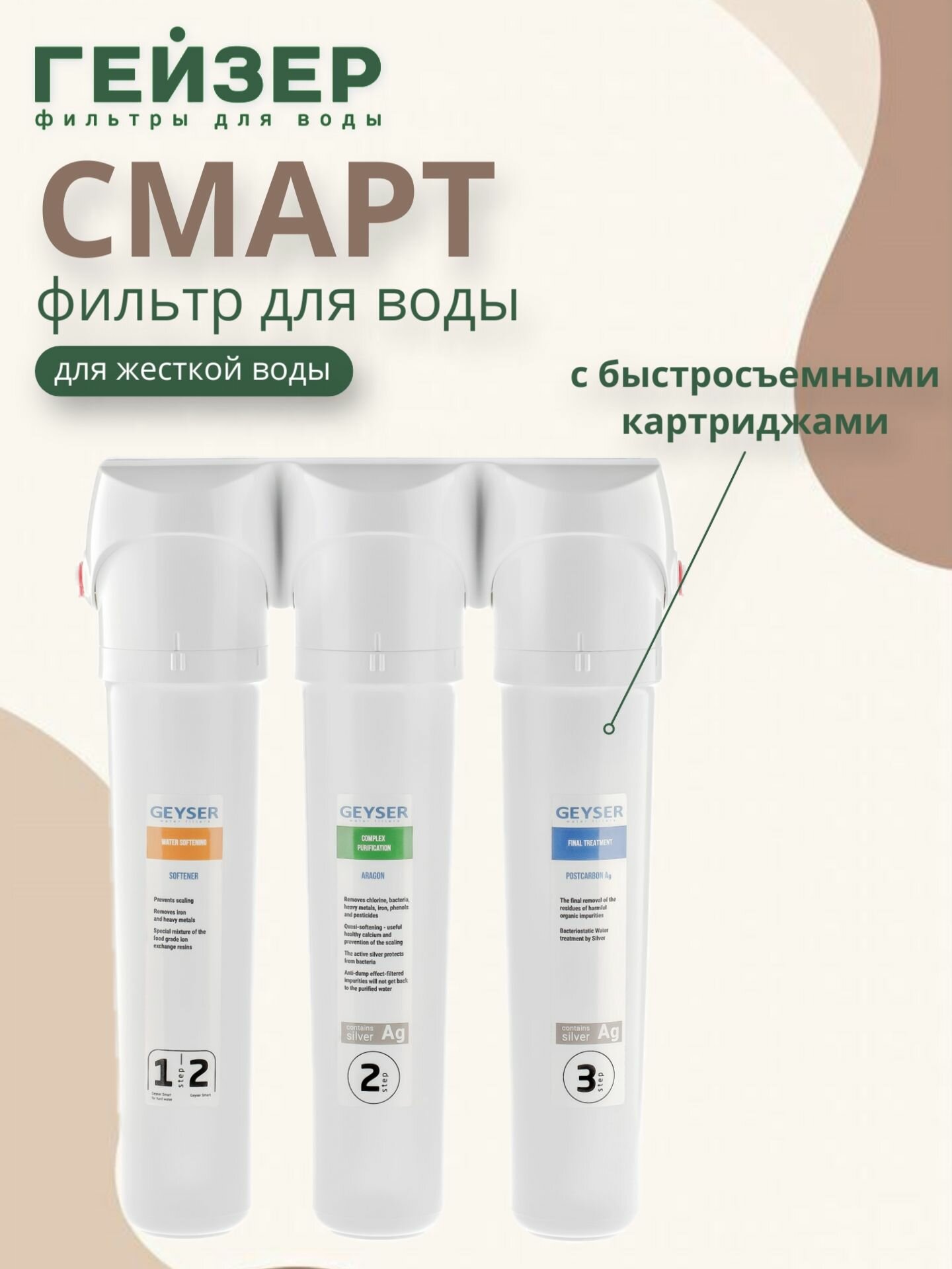 Фильтр под мойку Гейзер Смарт для жесткой воды (без крана) с быстросъемными модулями