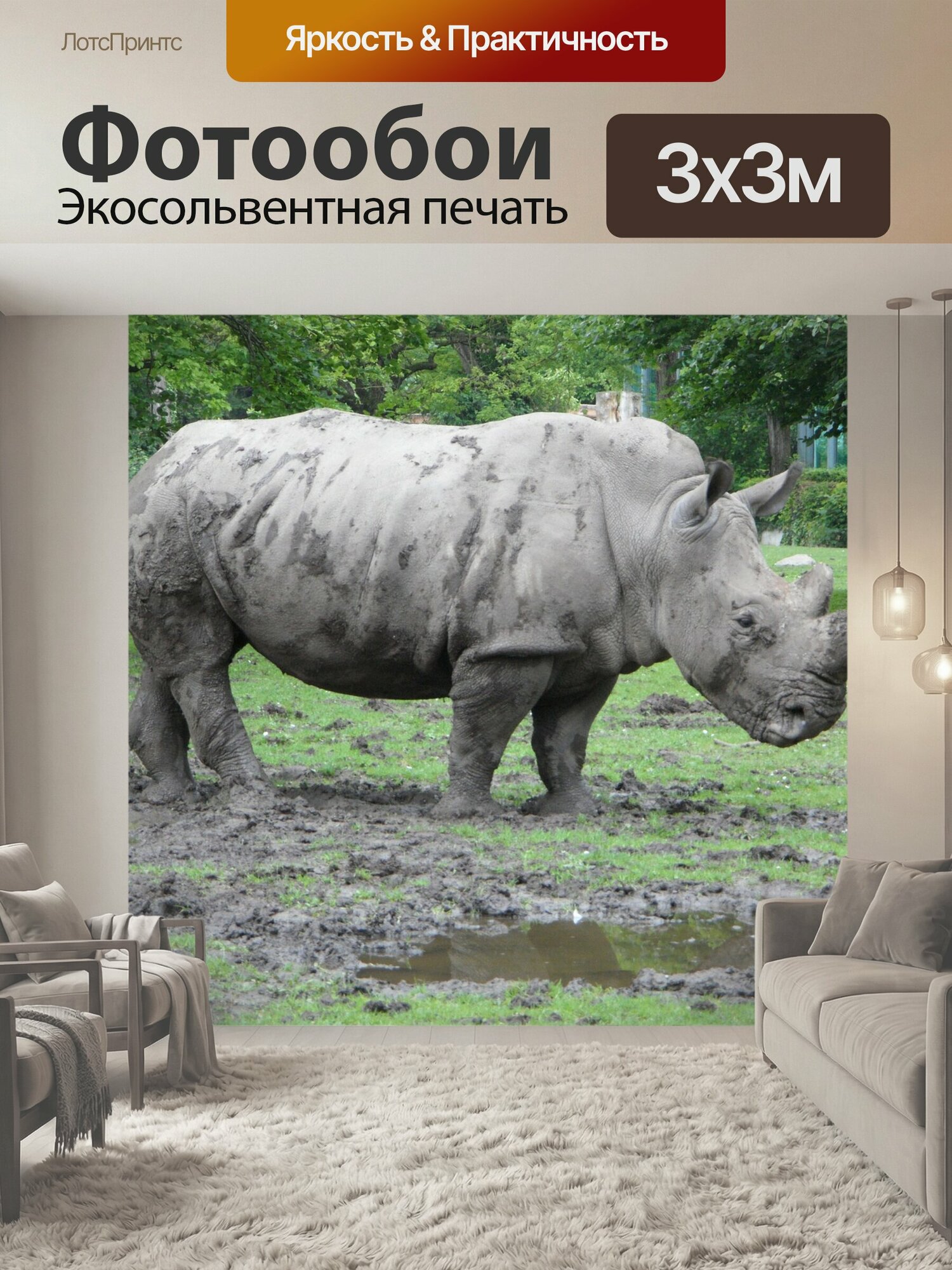 Фотообои "Носорог, зоопарк, rhino" 300x300 см. экосольвентная печать