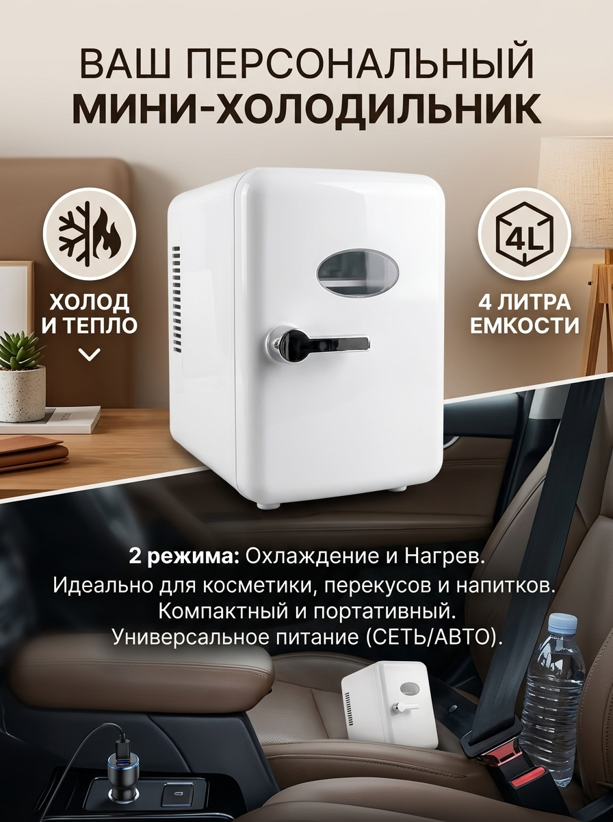 Мини-холодильник, подходящий для офиса/ общежития.38 Вт, 4 л
