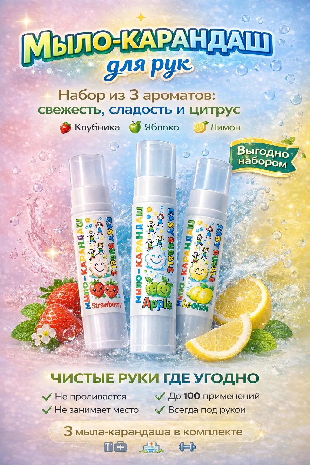 Новое мыло карандаш EasyBubble туалетное дорожное для рук и тела набор 3 штуки