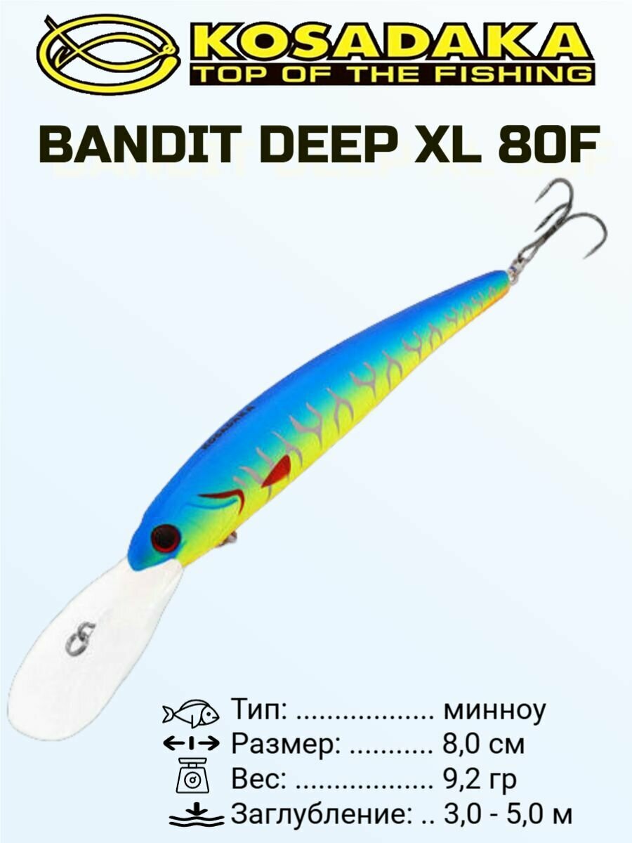 Воблер Kosadaka Bandit Deep XL 80F, плав. 80мм 9,2г 3-5м цв. REV
