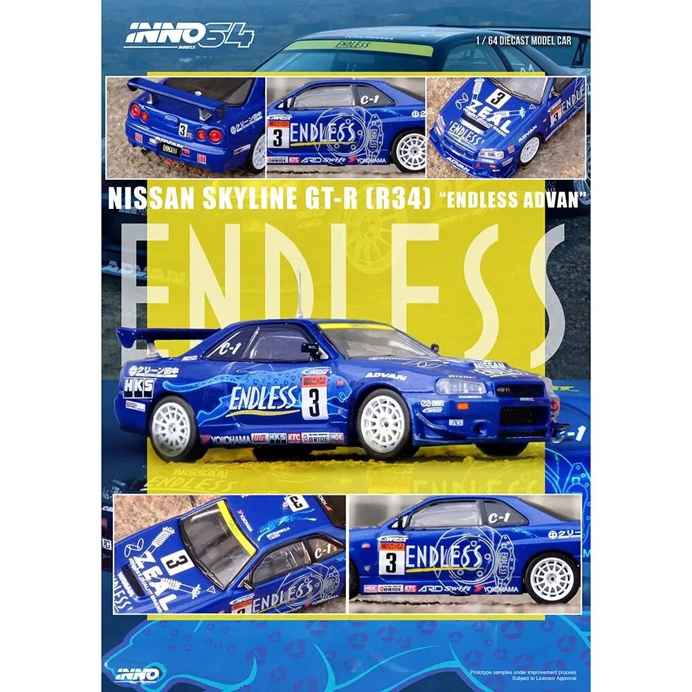 Машинка Inno64 1/64 Nissan Skyline Gt-R R34 #3 Endless Advan Super Taikyu Series 2002 Winner Diecast Scale Model Car