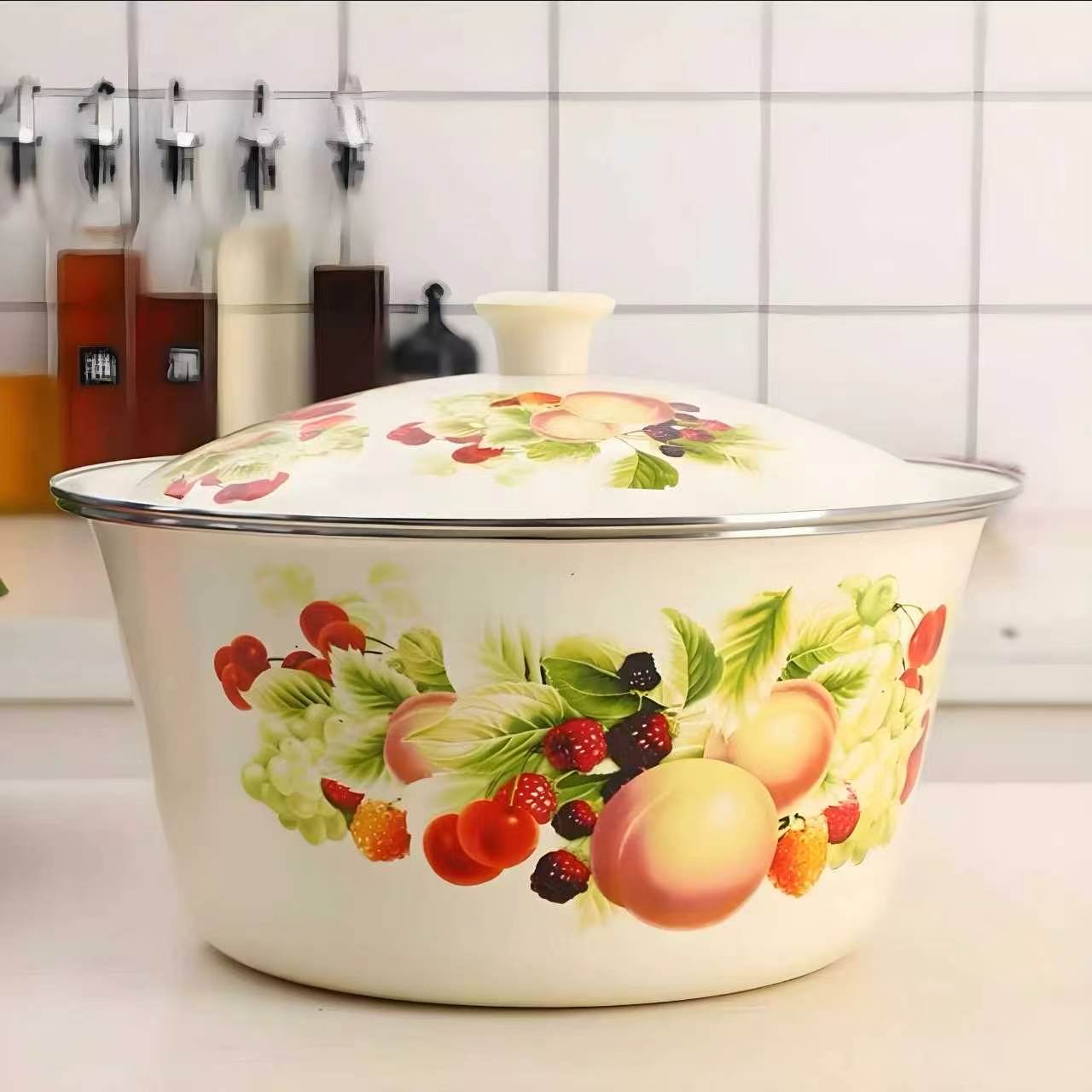 Эмалированная миска с крышкой, кухонная, для супа, большая емкость, 3.6 л
