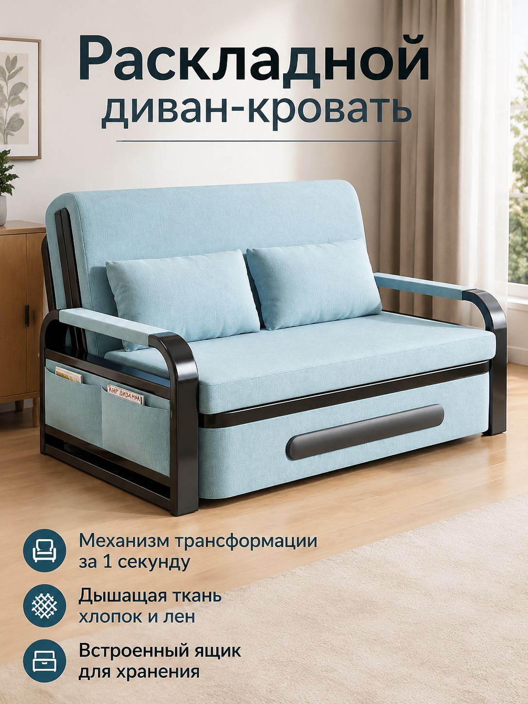 Раскладной диван-кровать с ящиком, 82 см, голубой, черный каркас, латексный матрас