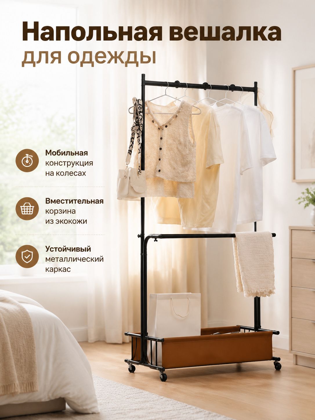 Напольная вешалка для одежды с полкой и корзиной, 80 см, черный + коричневая экокожа