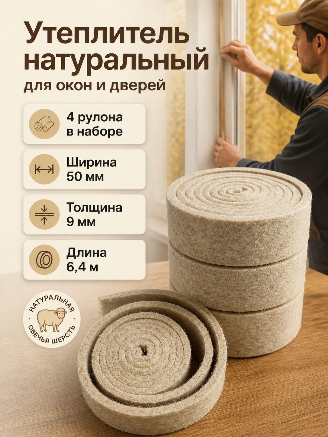 Утеплитель натуральный войлок для окон и дверей