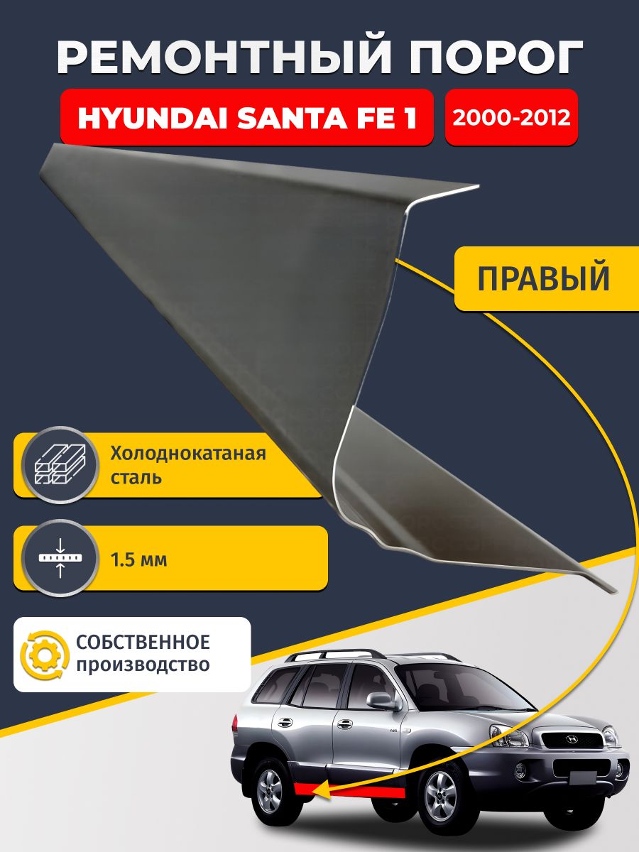 Правый ремонтный порог для Hyundai Santa Fe 1 2000-2012, холоднокатаная сталь 1.5 мм (Хендай Санта Фе), порог автомобильный, стандартный. Кузовной ремонт.