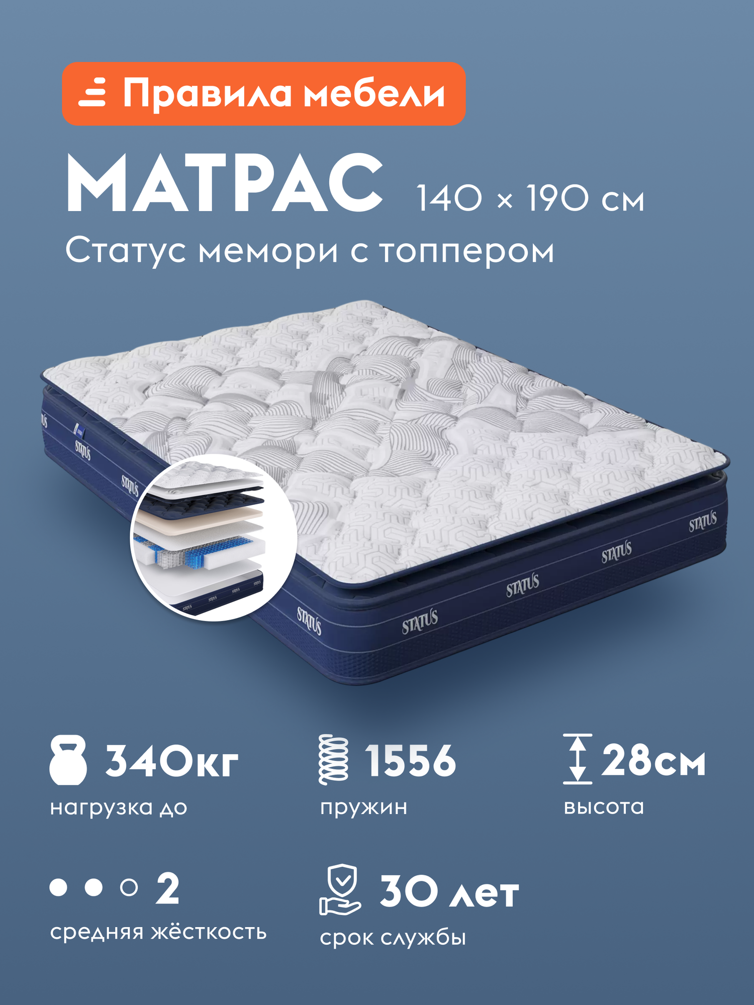 Матрас Статус Мемори с топпером 140х190 см, ортопедический, независимые пружины, средний, Белый