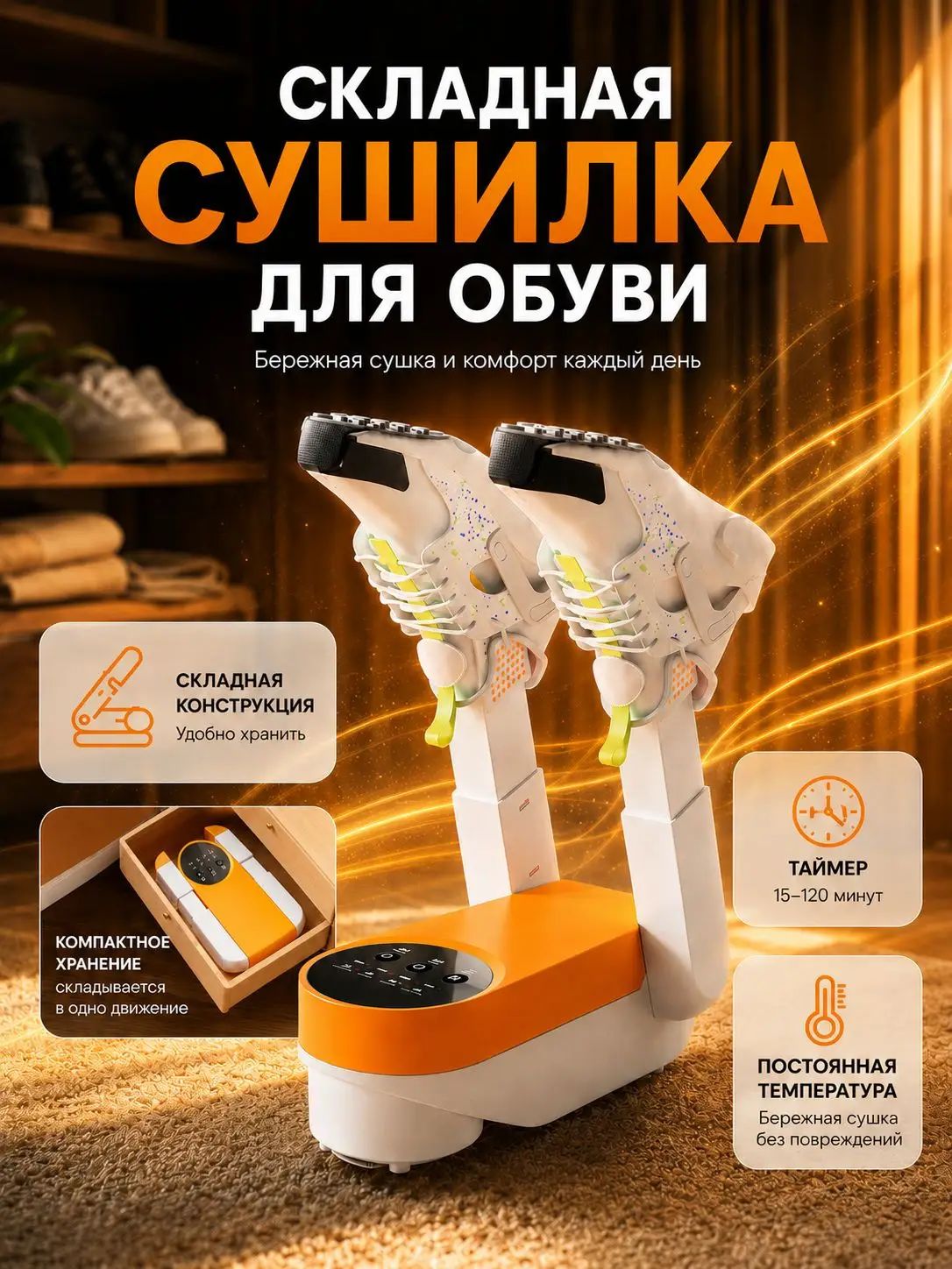 Складная сушилка для обуви с таймером, 55C, электрическая сушилка для ботинок, кроссовок, носков и перчаток-