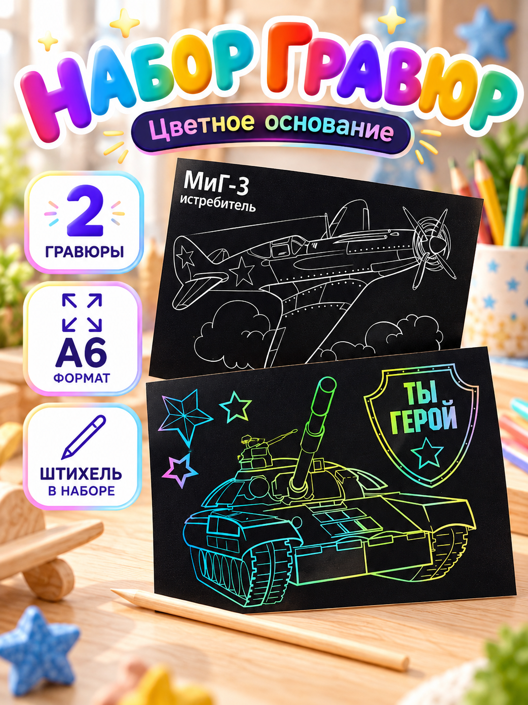 Гравюра "Ты герой", полноцветное основание, набор 2 шт, 10 х 15 см
