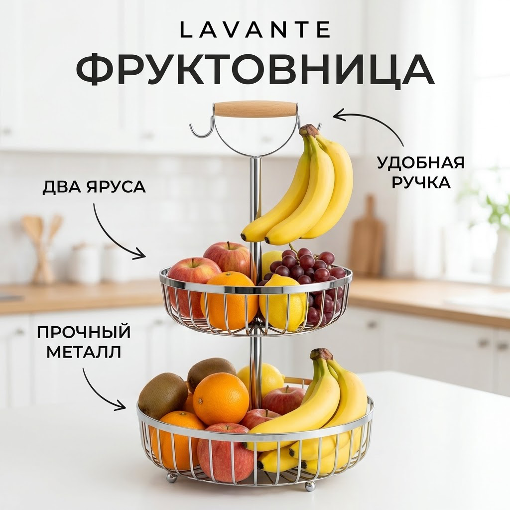 Двухъярусная металлическая фруктовница для сервировки стола LAVANTE с ручкой и крючками для бананов