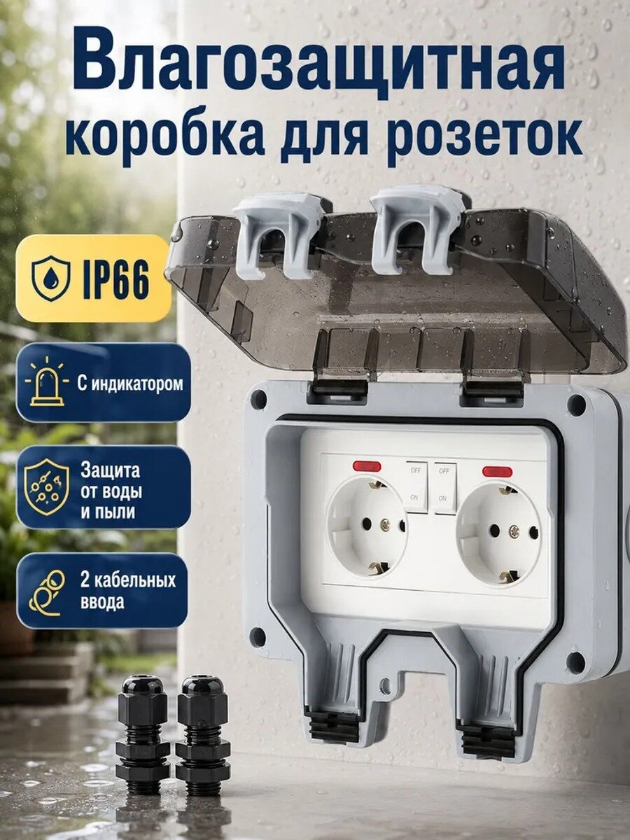 Розетка уличная IP66 влагозащищенная накладная с заземлением и крышкой, 2 розетки, 16А, ABS пластик