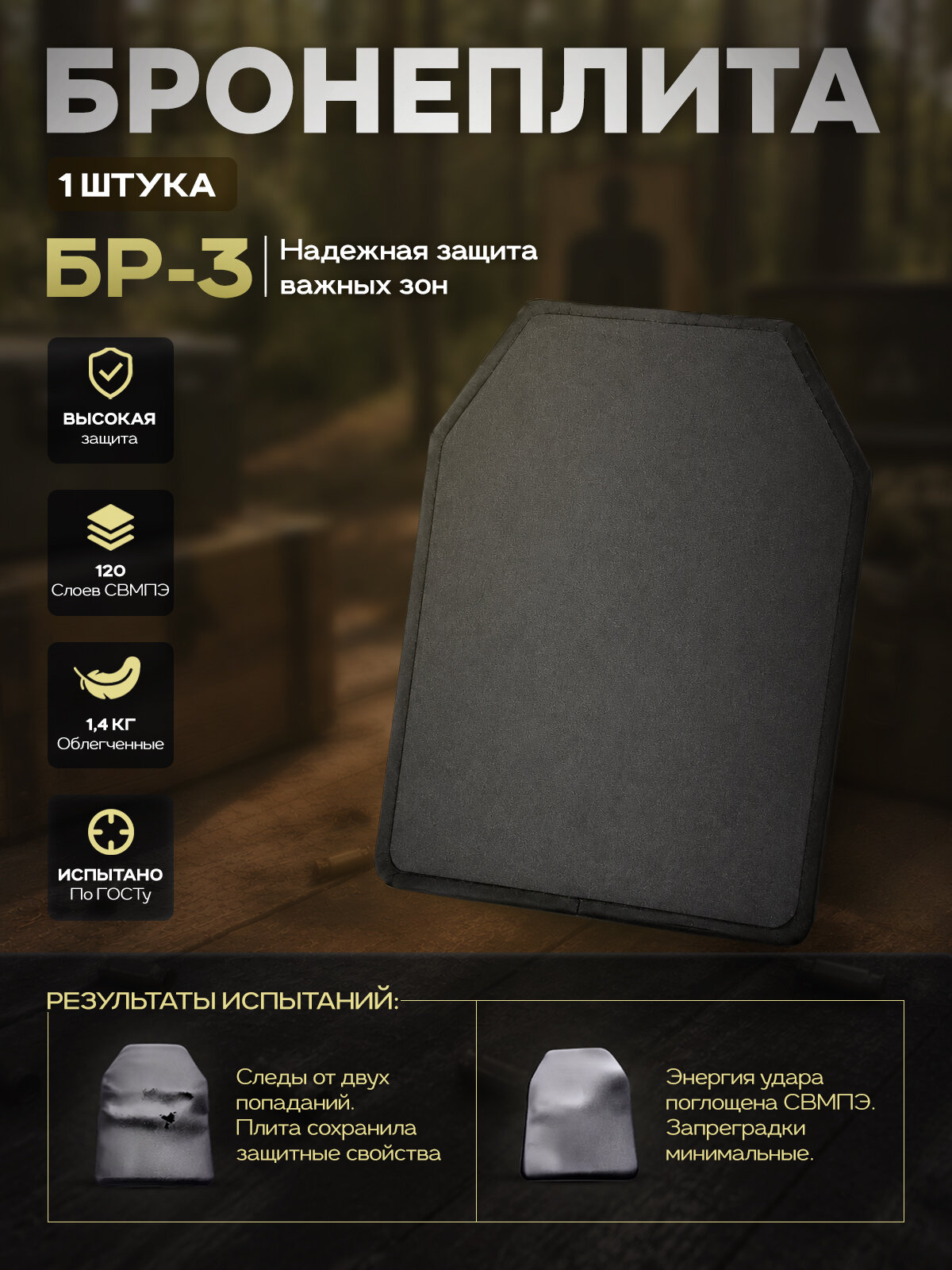 Комплект облегченных бронеплит 120 слоев свмпэ, класс защиты БР3