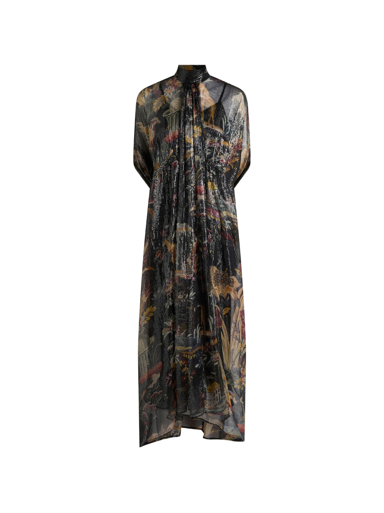 Платье Long silk dress with cape detail and flower and animal motif