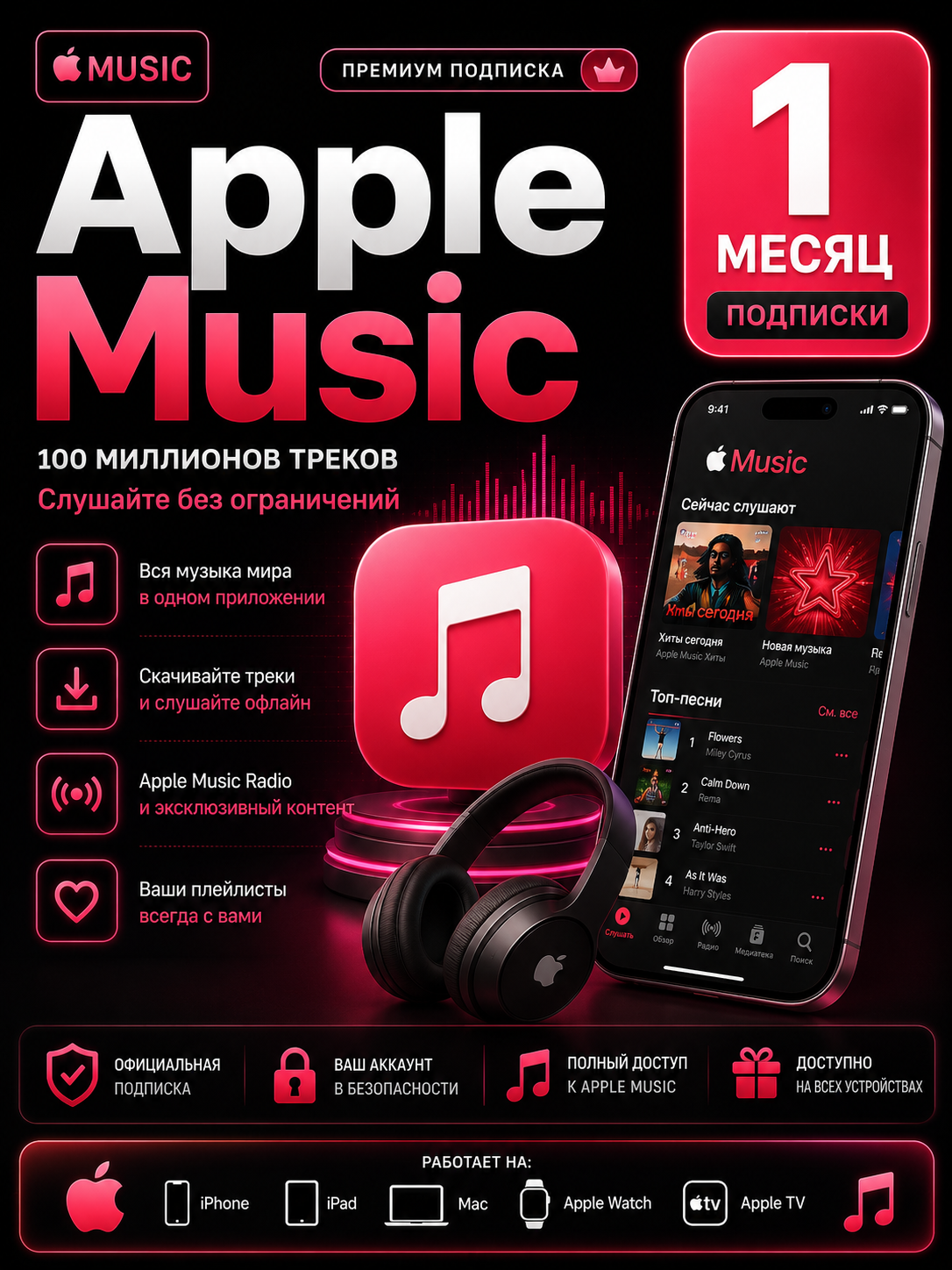 Apple Music Премиум подписка 1 месяц
