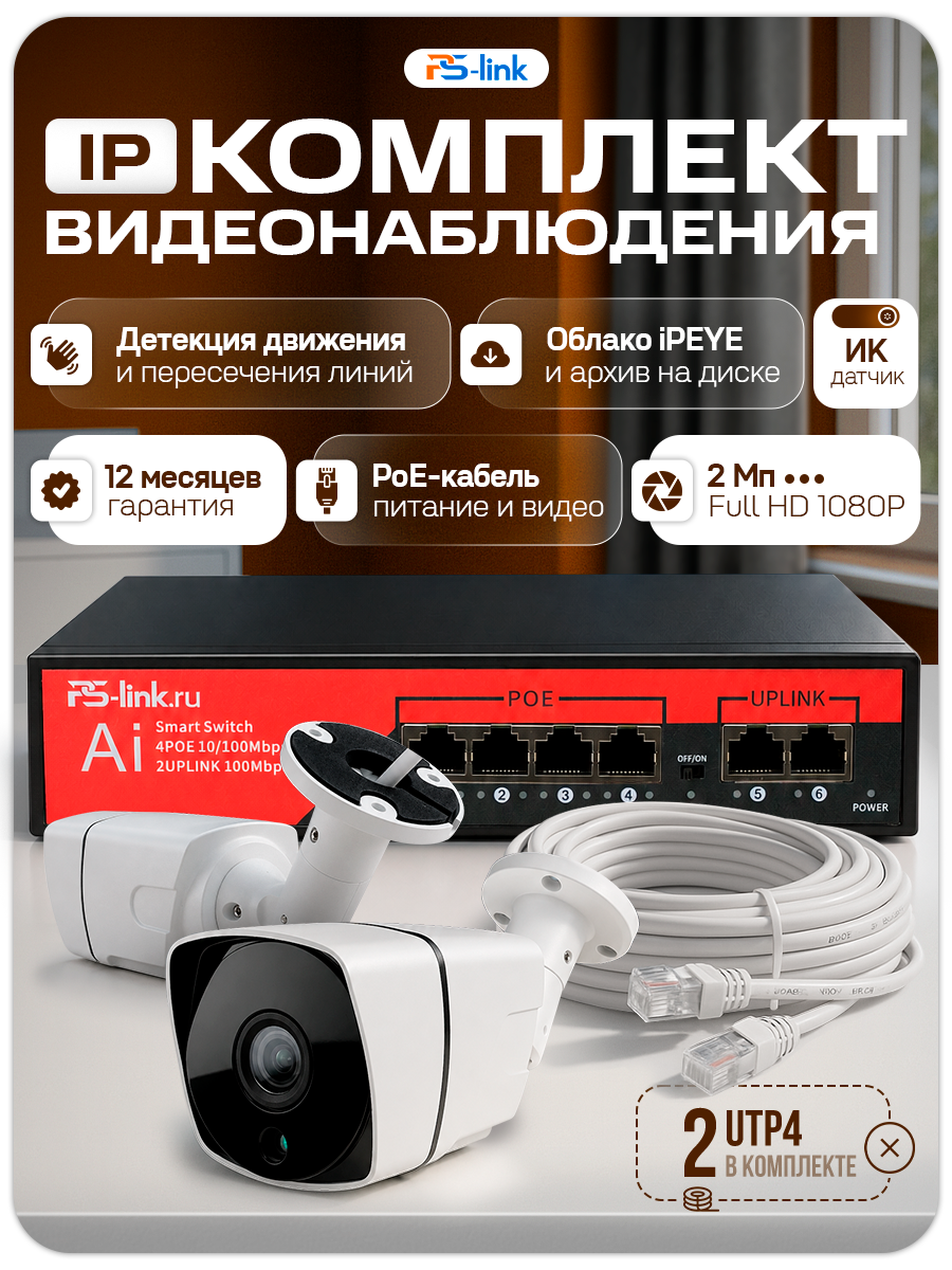 IP Комплект видеонаблюдения для ПВЗ с 2 камерами 2Мп с питанием POE, удаленный доступ IPEYE / PS-Link KIT-C202POE-YE-LT