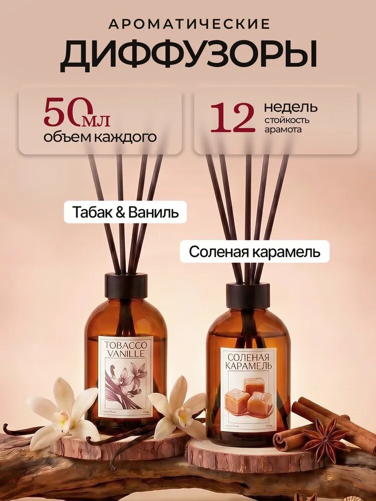 Диффузор для дома с палочками AROMA BLOOM 2шт. Табак Ваниль, Соленая карамель