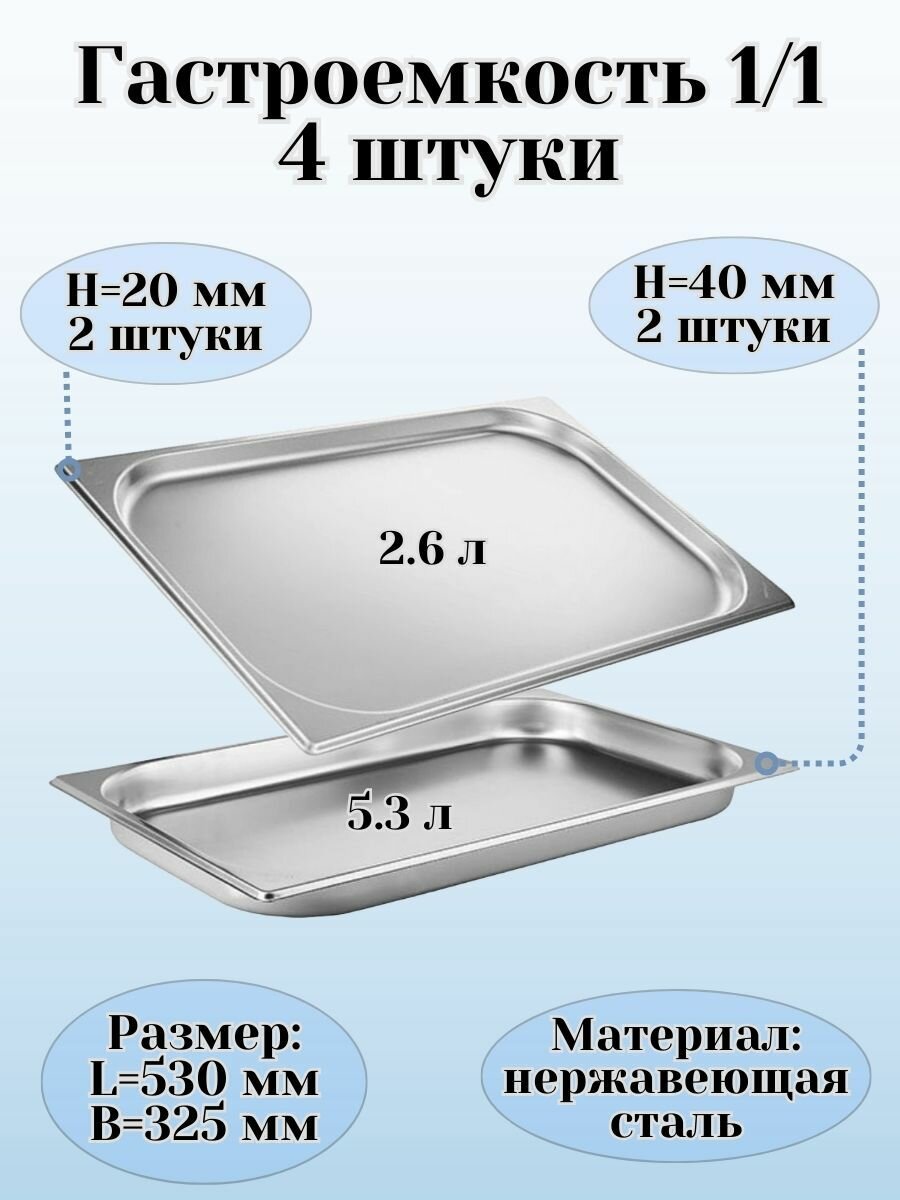 Набор гастроемкостей (1/1) H 2 см и H 4 см L 53 см B 32,5 см ProHotel, 4 шт