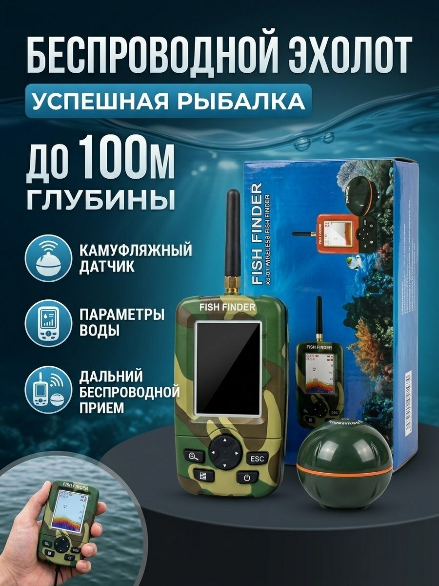 Эхолот Nellers, беспроводной, с антенной, цветной LCD экран, камуфляж