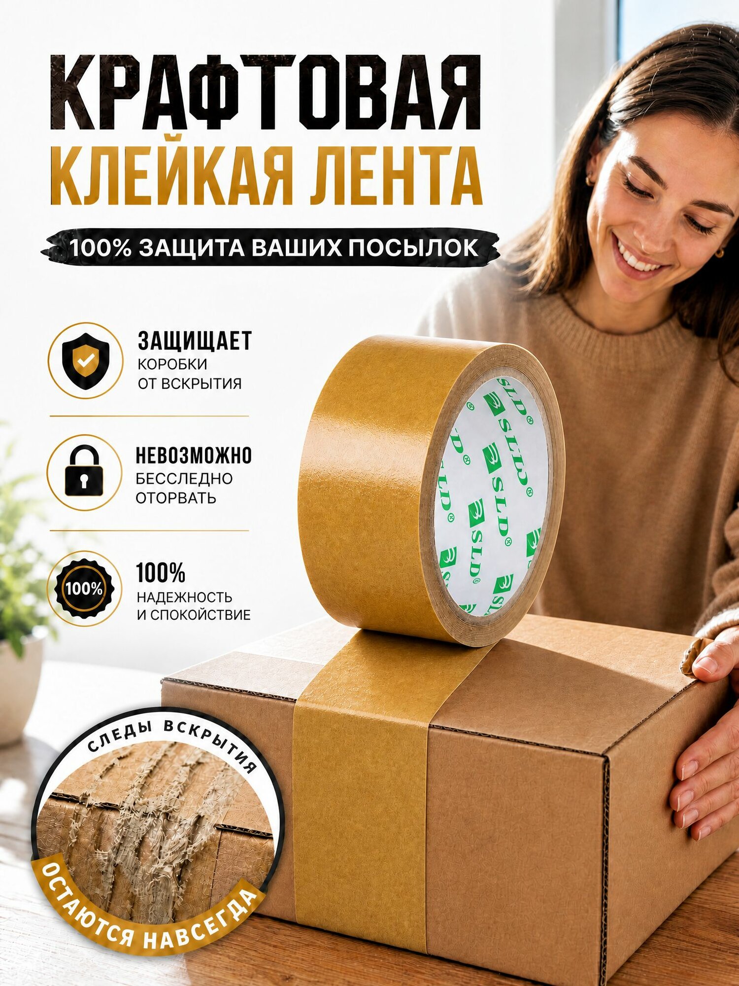 Скотч крафтовый бумажный, лента упаковочная размером 50мм*10м