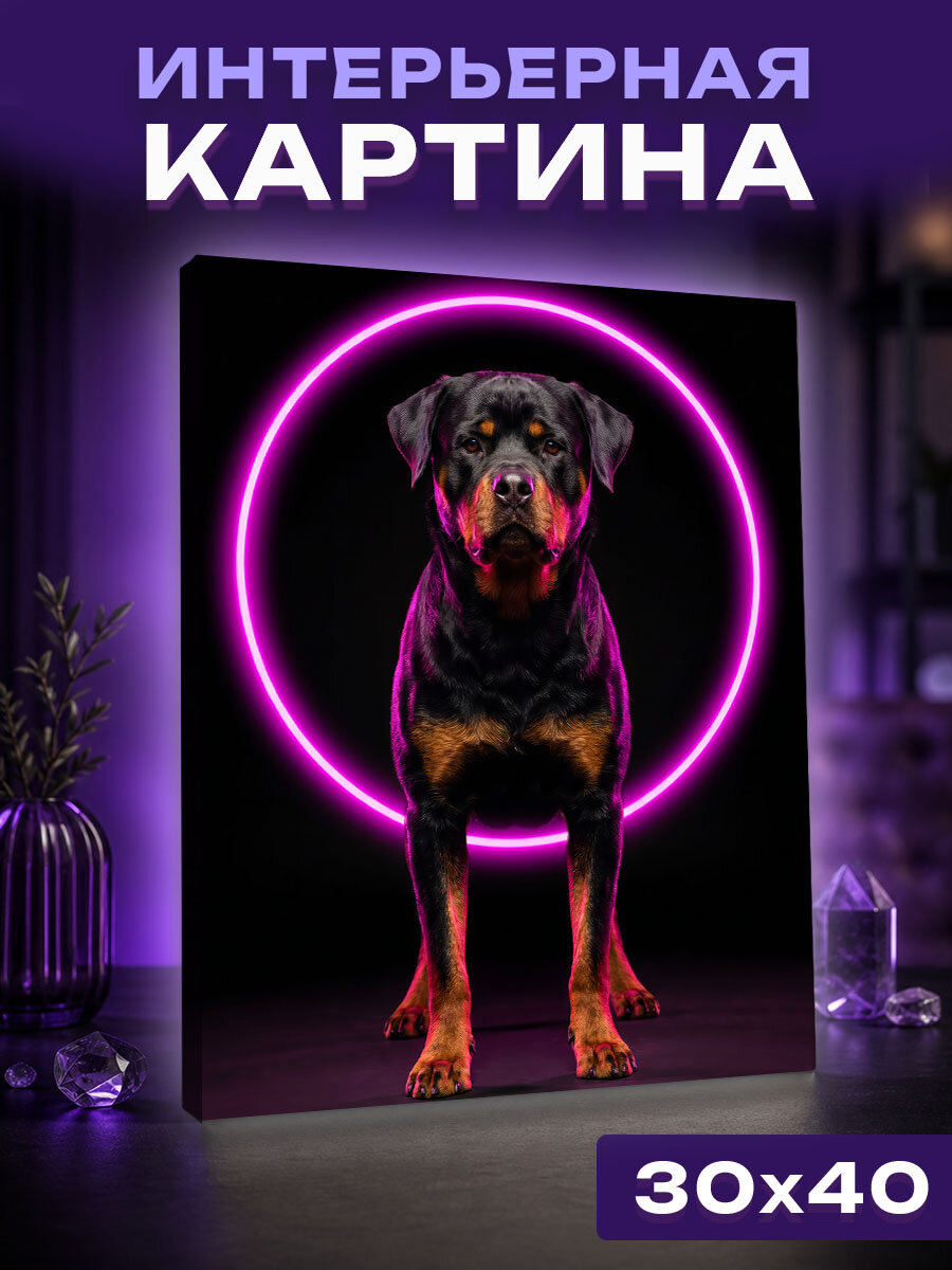 Интерьерная картина ротвейлер у яркого неонового круга