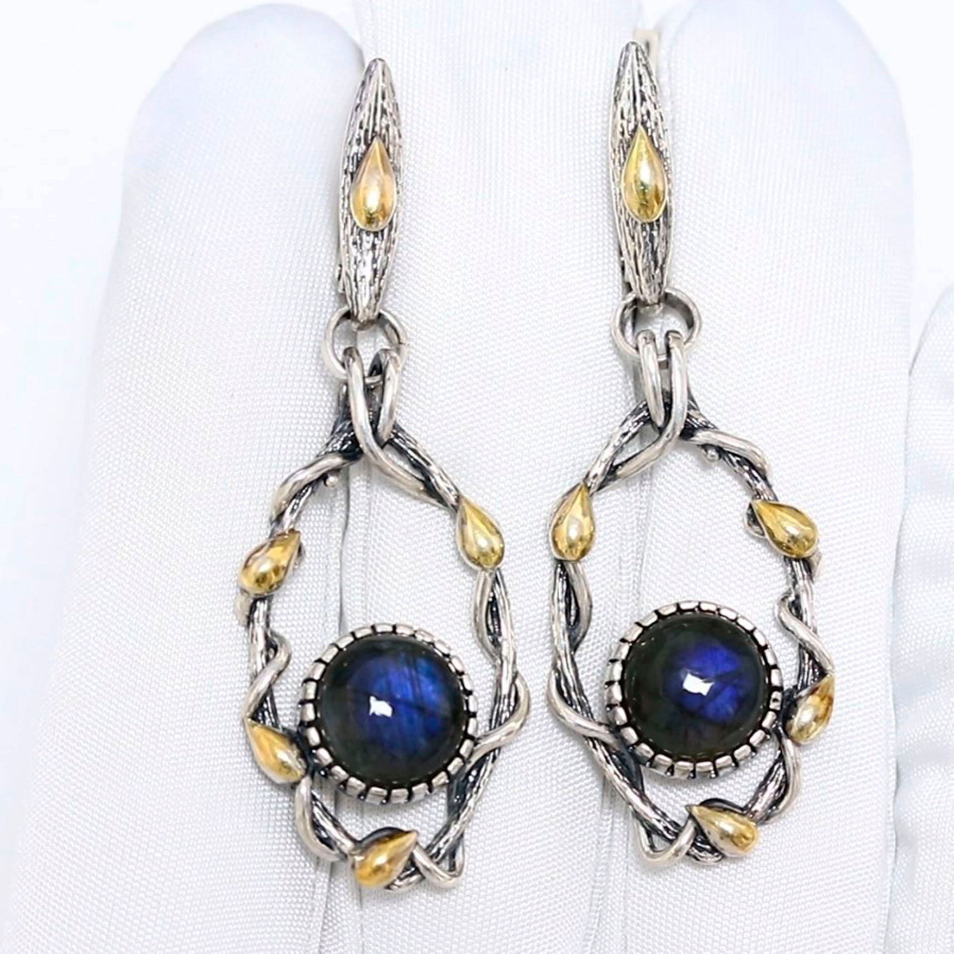 Серьги, серебро, 925 проба, золочение, лабрадорит