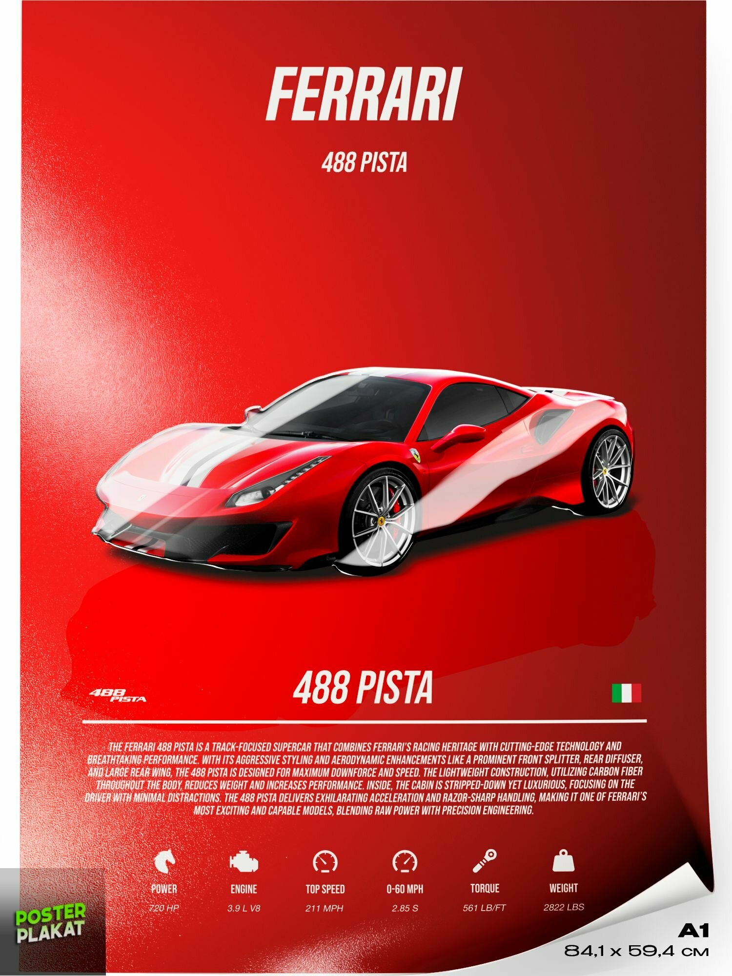 Постер на стену с машинами, Ferrari 488 Pista, авто Феррари Писта, для интерьера, А1 (85 х 60 см), Постер Плакат