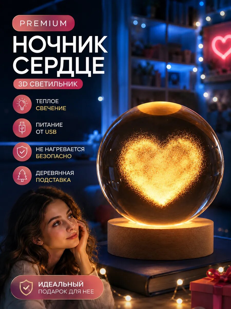 Ночник сердце 3D стеклянный шар в подарок, светильник настольный, ночник в розетку