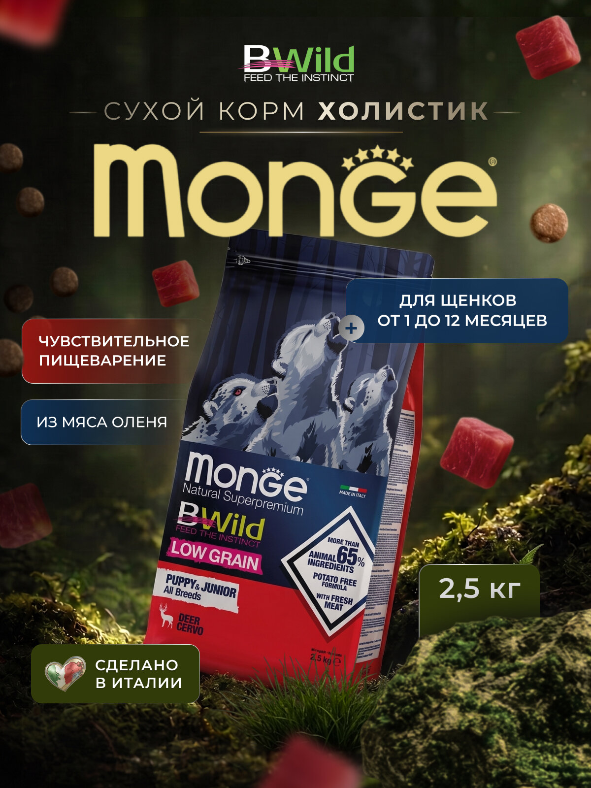 Сухой корм для щенков Monge Dog BWild LOW GRAIN Puppy & junior , низкозерновой, из мяса оленя 2,5 кг