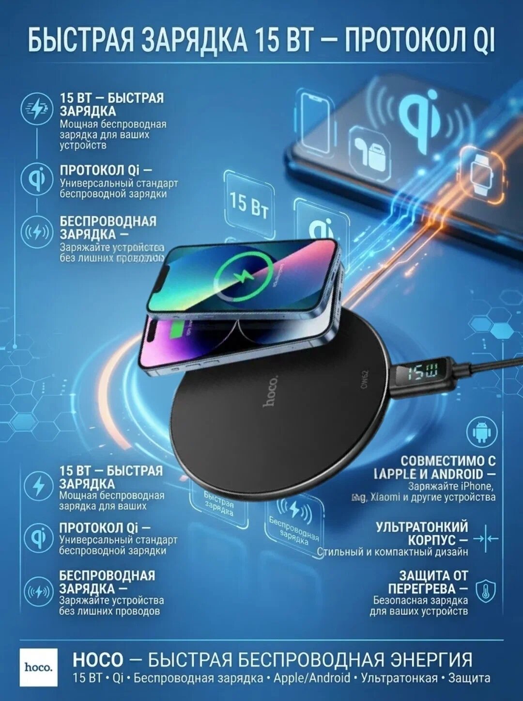 Беспроводное зарядное устройство Hoco CW62 черный 15W, быстрая зарядка, дисплей