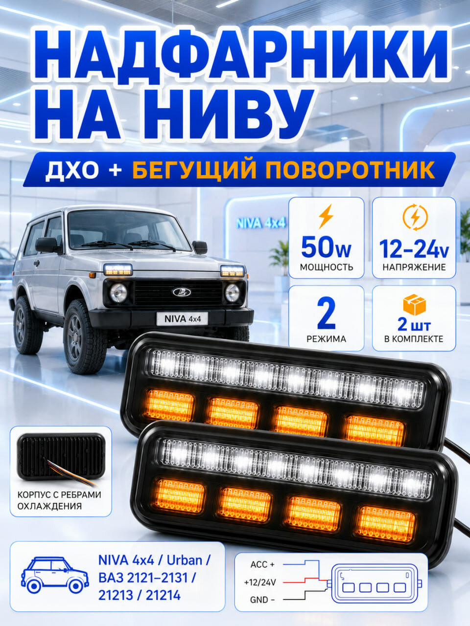 Светодиодные надфарники. 2 шт. Нива 2121 Урбан. Подфарники