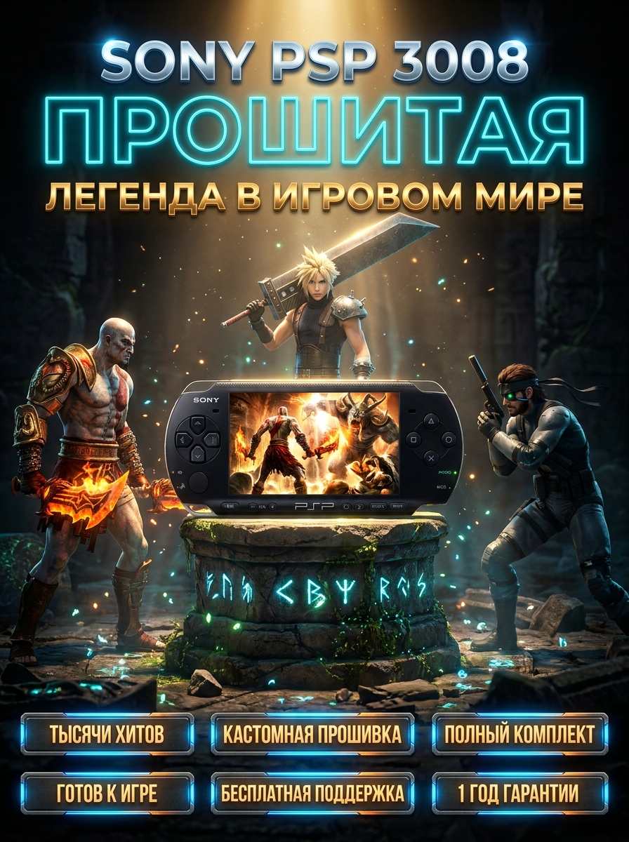 Новая игровая консоль Sony PSP 3008 Slim Черный 64Gb 3020 ИГР