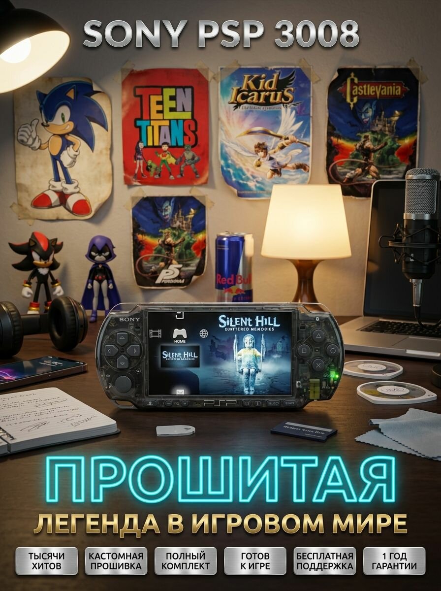 Новая игровая консоль Sony PSP 3008 Slim Transparent Black 64Gb 3020 ИГР