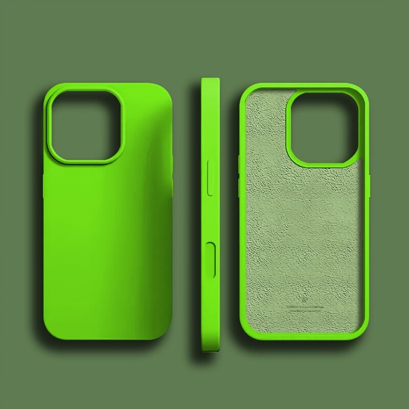 Чехол из жидкого силикона для смартфона с большим отверстием для камеры, мягкая микрофибровая подкладка внутри, поддержка беспроводной зарядки, флуоресцентно-зелёный