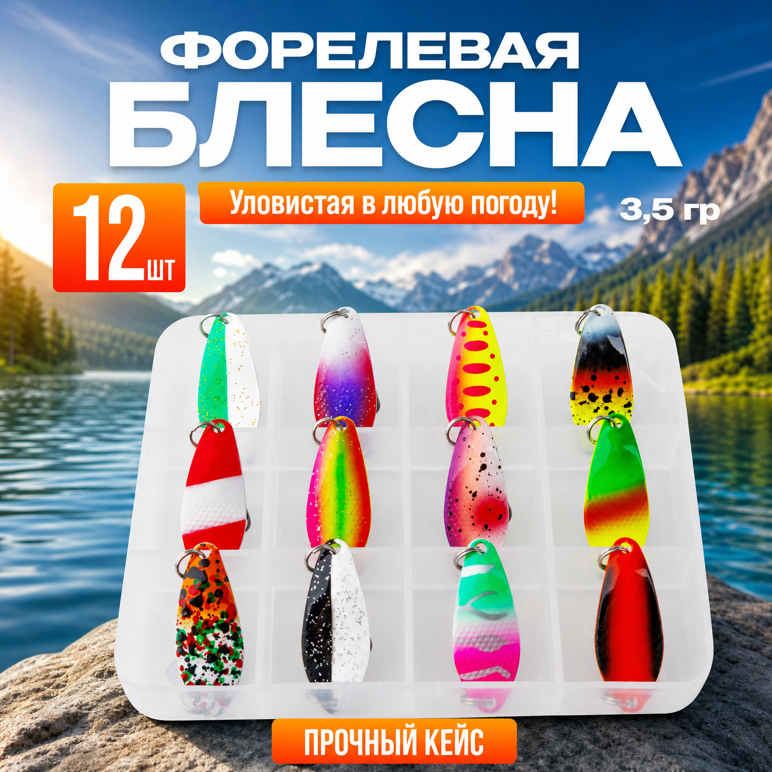 Форелевая блесна колебалка для рыбалки набор в кейсе 4гр, 10 шт. (Цвет товара: форелевые блесны 10 цветов набор 5; Длина: 55 мм)