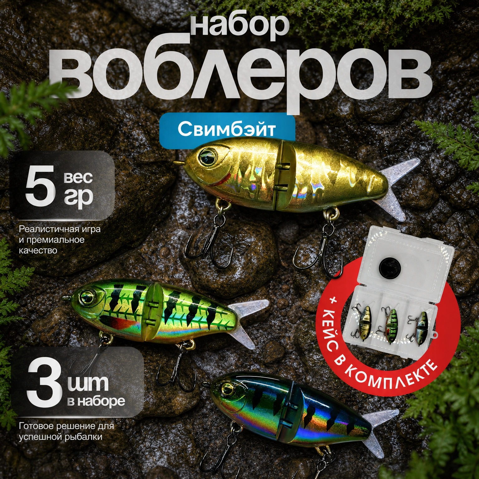 Набор для рыбалки / Свимбейт / Воблеры на щуку 3 шт / Снасти для рыбалки / Подарочный кейс (Цвет товара: золотисто-зелёный; Длина: 70 мм)