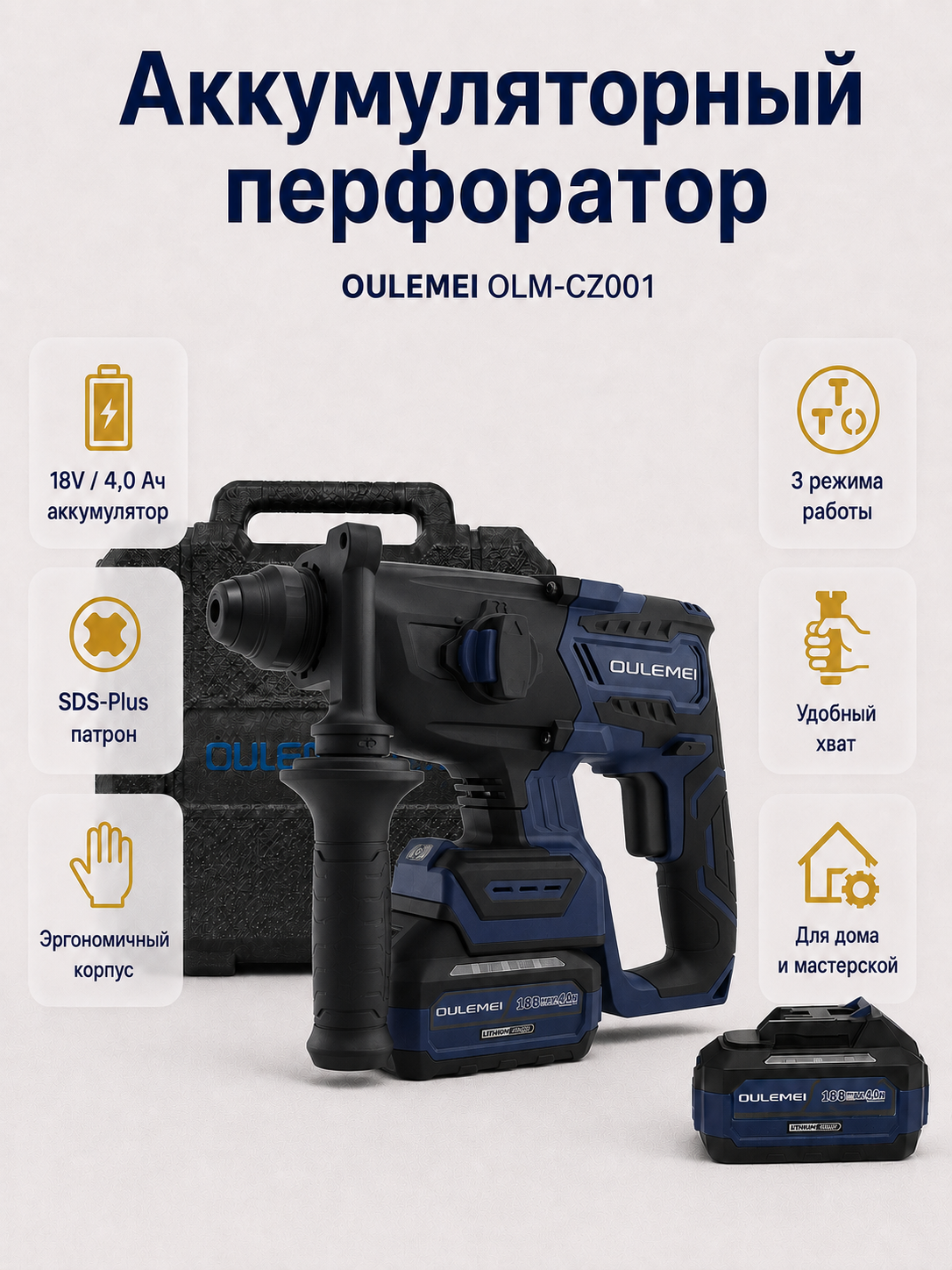 Аккумуляторный перфоратор OULEMEI OLM-CZ001, 18 В, 2,4 Дж, SDS-Plus, 2 АКБ 4 А·ч