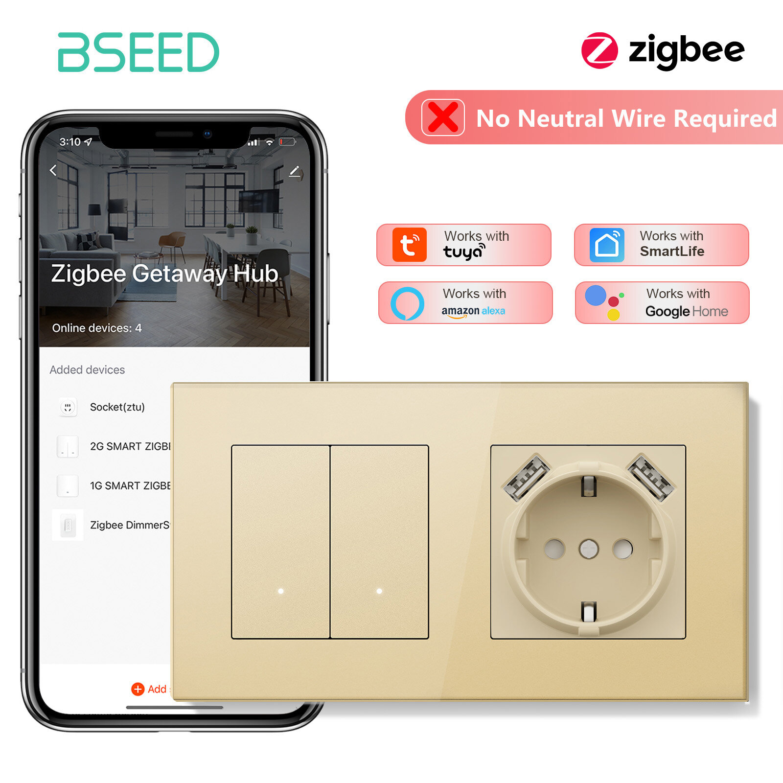 Умный выключатель Без нуля c Алисой, Легко нажать, ZIGBEE, 2 поста (2+1 розетка c 2USB ), панель стекл, 157mm