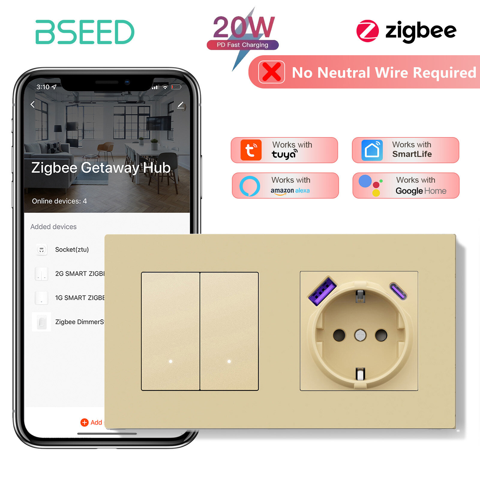 Умный выключатель Без нуля c Алисой, Легко нажать, ZIGBEE, 2 поста (2+1 розетка для быстрой зарядки), пластиковая рамка, 157mm