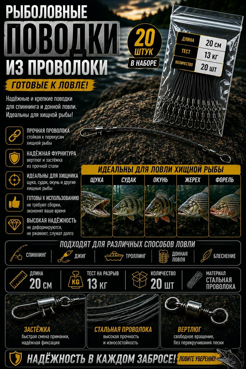 Поводки стальные черные для рыбалки 20 шт, 20 см, 13 кг, с вертлюгом и застежкой, для щуки, судака, спиннинга