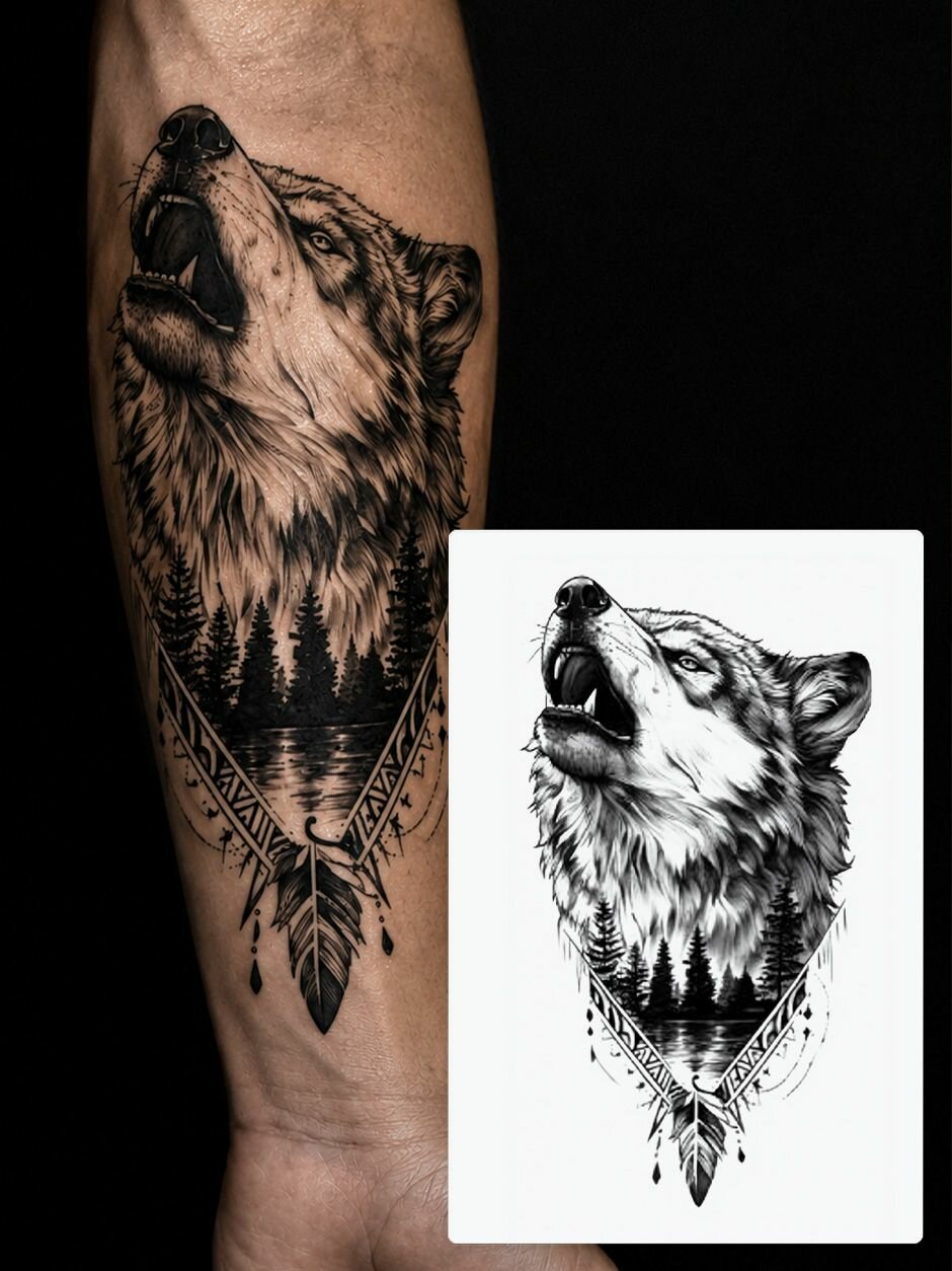 Tattoo'шки Временная тату "Волк хищник" 12*21см тату волк 12x21см хищный волк 12x21см